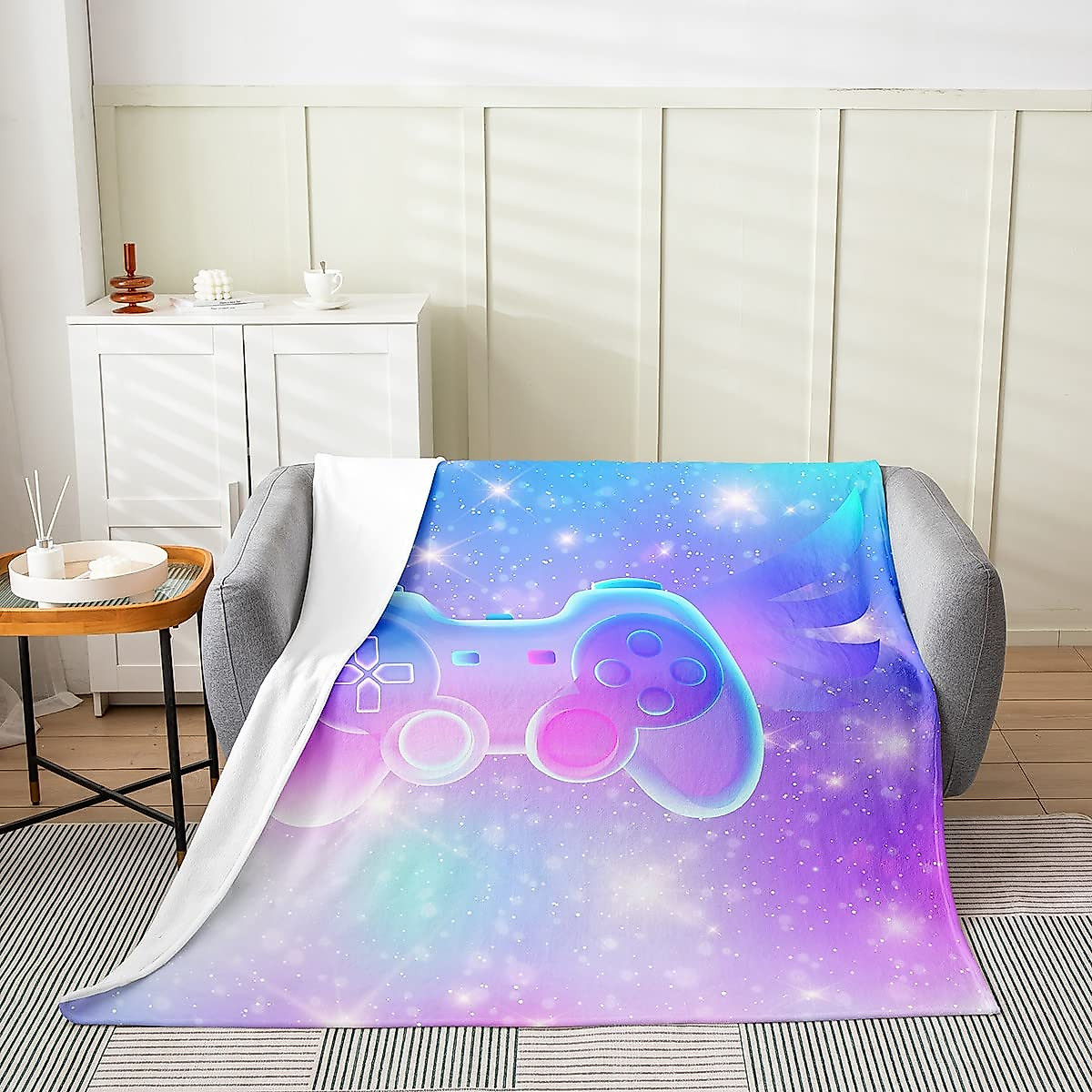 Erosebridal Games Blanket Throw 50X60 Inch, Gamer Throw Blanket for Girls Child Kids, Blue Purple Ombre Gradient Gamepad Flannel Blanket, Video Game Bed Blanket Modern Control Buttons Bedroom Decor