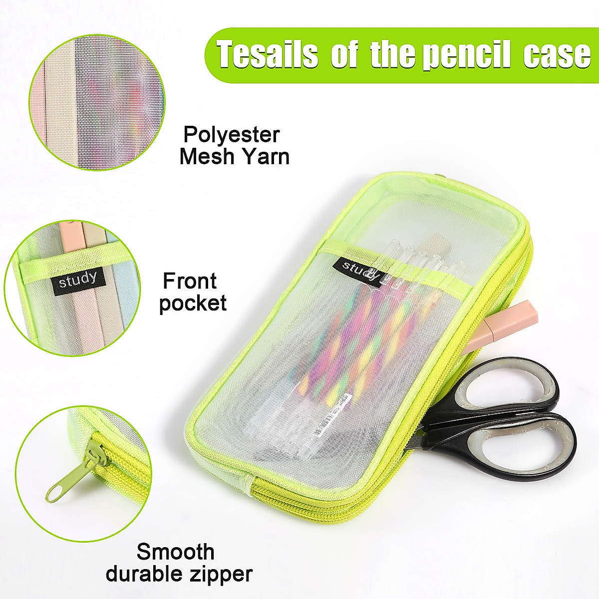 Mesh Pencil Case, Multifunctional Transparent Mesh Pencil Pouch Pencil Storage Case Stationery Pouch Pencil Zipper Case Clear Travel Makeup Pouch for Students Office Travel (Green)