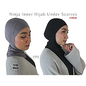 Ninja Bonnet Hijab Full Neck Coverage Under Scarf - Muslimah Stretchy Jersey Head Scarf Bonnet Accessories [Workout wear daily essentials] 1 Black + 1 Gray (SABANJ9501)