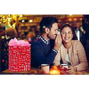 FaCraft Valentines Gift Bags with Handle,Large Happy Valentines Day Gift Bags with Tissue Paper for Her Him Girlfriend Boyfriend,Red Valentine Paper Gift Bag for Valentine's Day Anniversary Wedding