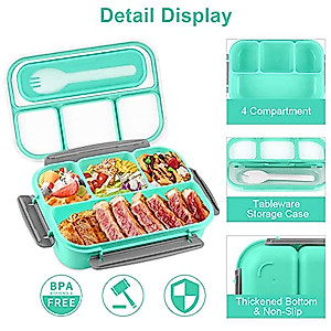 BentoMoment Bento Lunch Box, 4 Compartments Lunch Box Containers for Adults, 5 Cups Bento Box with Utensils& Fruit Fork, Cute Snack Lunch Box, Leakproof Microwave Safe Bento Boxes, Green