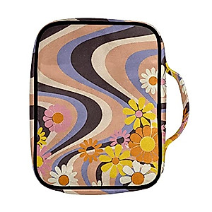 Drydeepin 70S 80S Wavy Swirl Hippie Daisy Flower Floral Pattern Abstract Bible Cover for Women Bible Book Carrying Case Portable Zippered Bible Bags and Tote Church Accessories Study Supplies