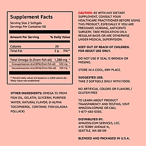 Amazon Elements Super Omega-3 with Natural Lemon Flavor, EPA & DHA Omega-3 fatty acids, 120 Count (1280 mg per serving, 2 Softgels) (Packaging may vary)