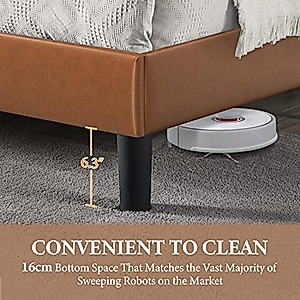 Yaheetech Upholstered Platform Bed Frame with Square Tufted Faux Leather Headboard Height Adjustable, Mattress Foundation Wooden Slats Support No Box Spring Needed, Amber Brown-Queen