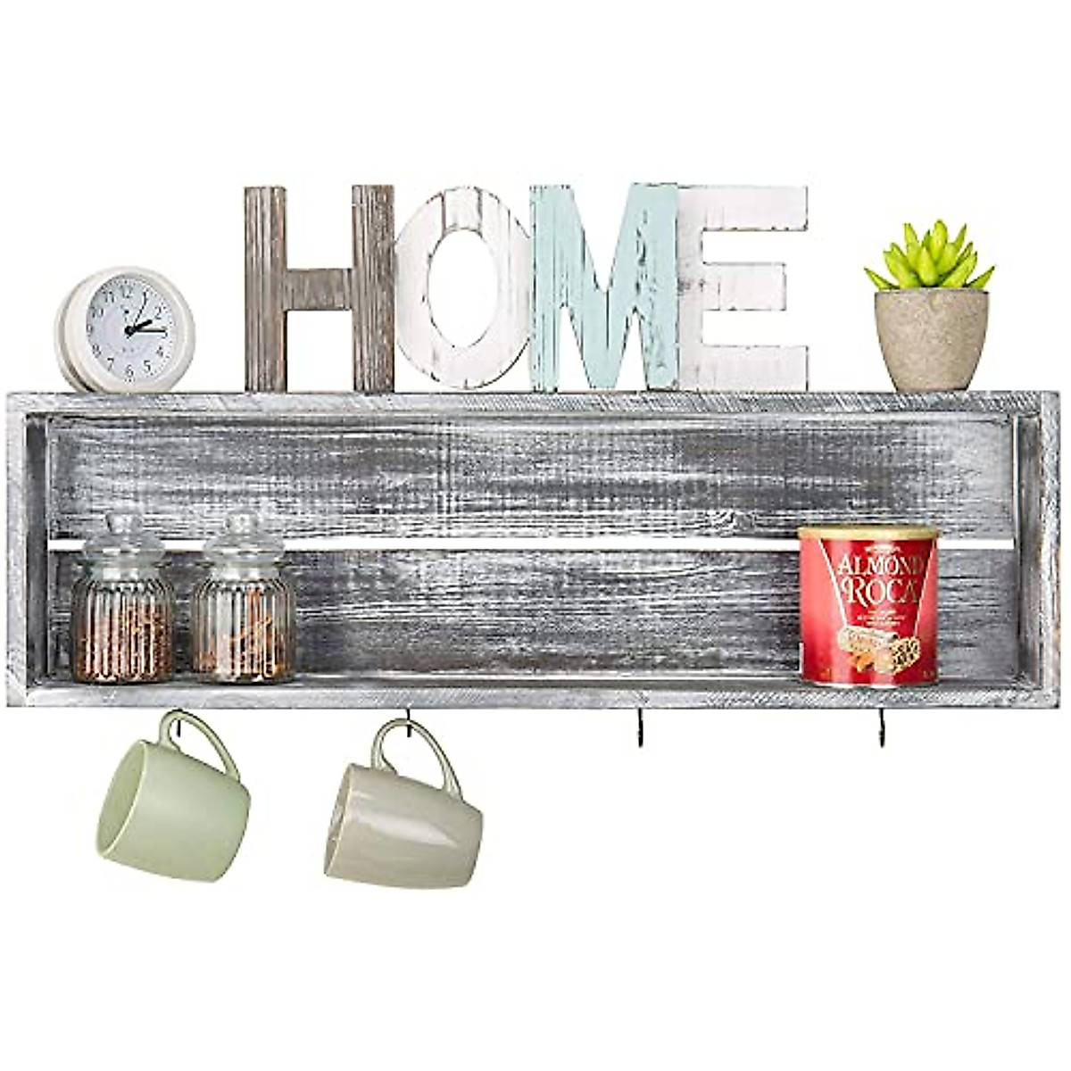 MyGift Wall Mounted Distressed Grey Solid Wood Wall Mug Holder Rack and Display Shelf with 4 Hooks, Coffee Cup Hanging Rack Bar Accessories and Storage