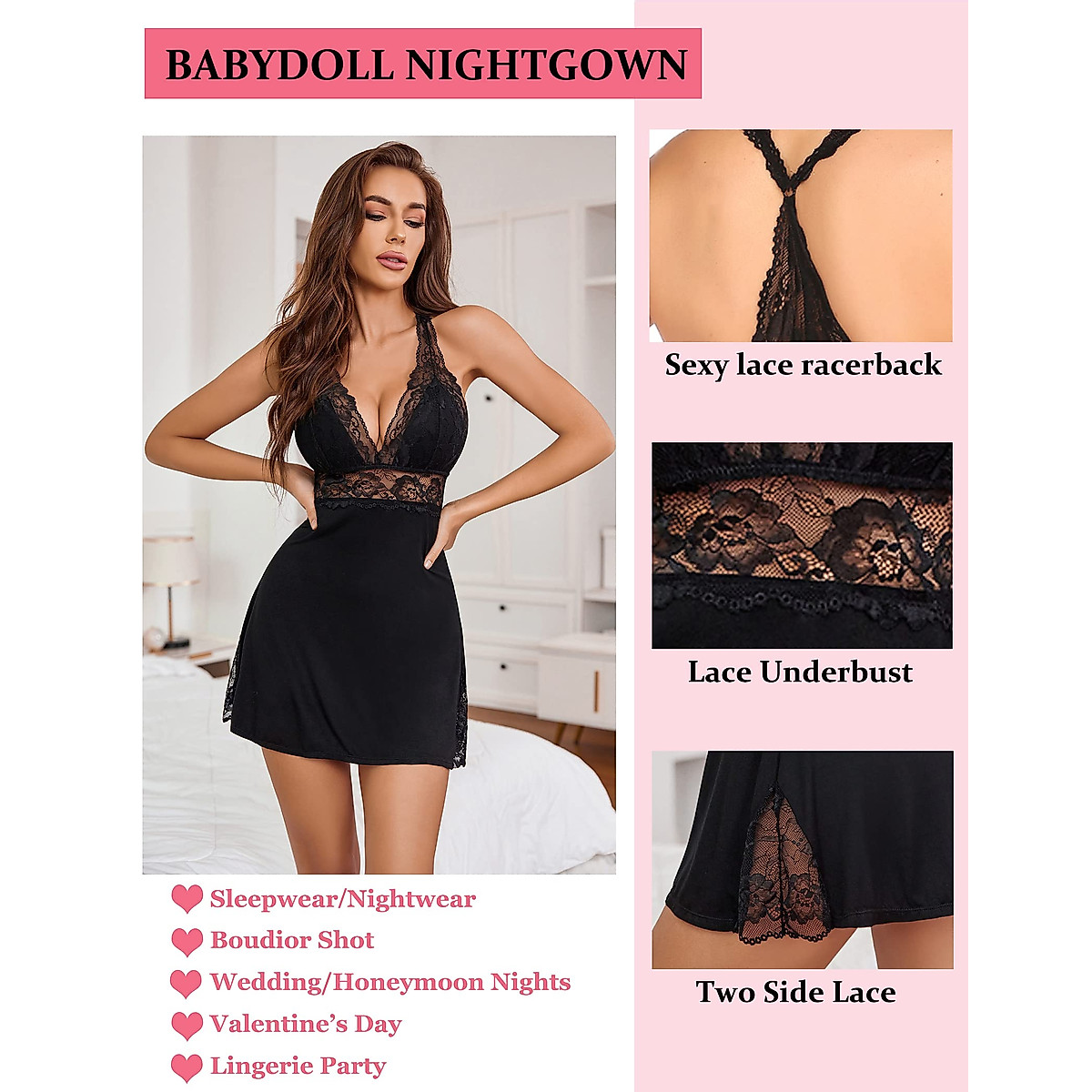 Ekouaer Lace Slip Nightgown Sexy Lingerie Nightgown Nightwear Lace Chemise Sleeveless Camisole Slip Dress Babydoll Sleepwear (Black, X-Large)