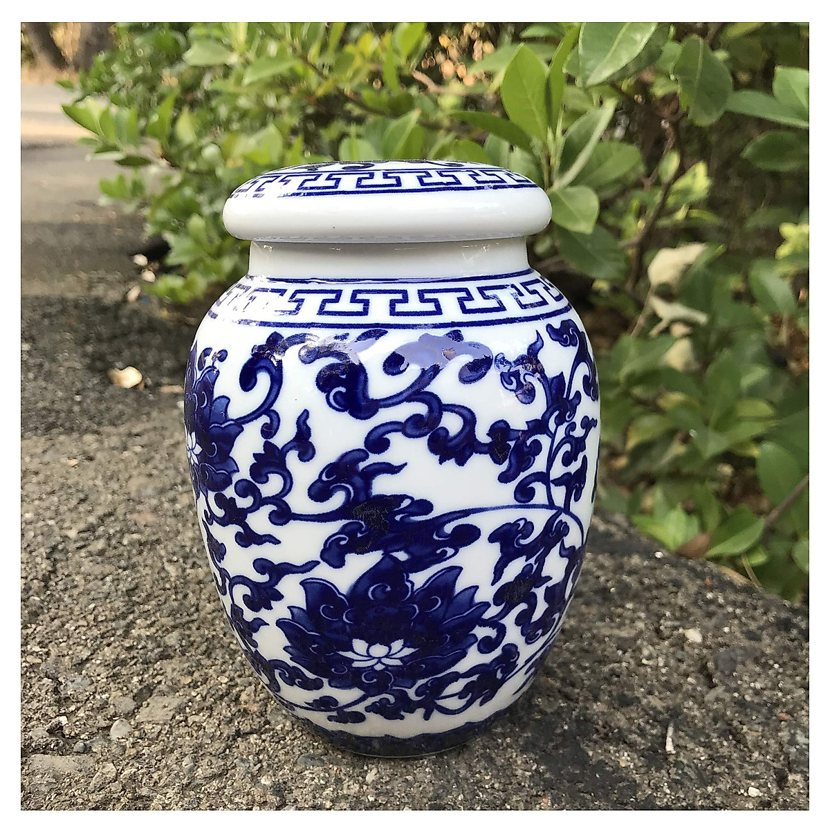 Decorative Blue and White Lotus Pattern Porcelain Storage Container or Display Unit. Small