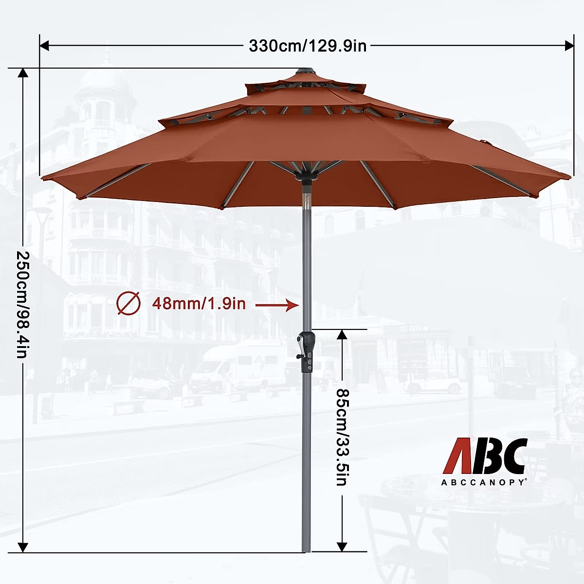 ABCCANOPY 11FT 3 Tiers Market Umbrella 3-Year-Non-Fading OLEFIN Canopy Patio Outdoor Aluminum Table Umbrella with 8 Sturdy Ribs, Rust