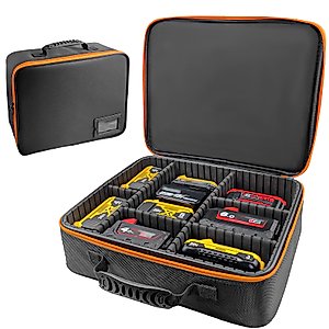 Portable Tool Battery Hard Carrying Case fits for Dewalt/Milwaukee/Makita/Ryobi 12V/18V/20V Battery & Charger,Power Tool Box Storage Bag with Adjustable Dividers for Small Parts & Hardware Organizer