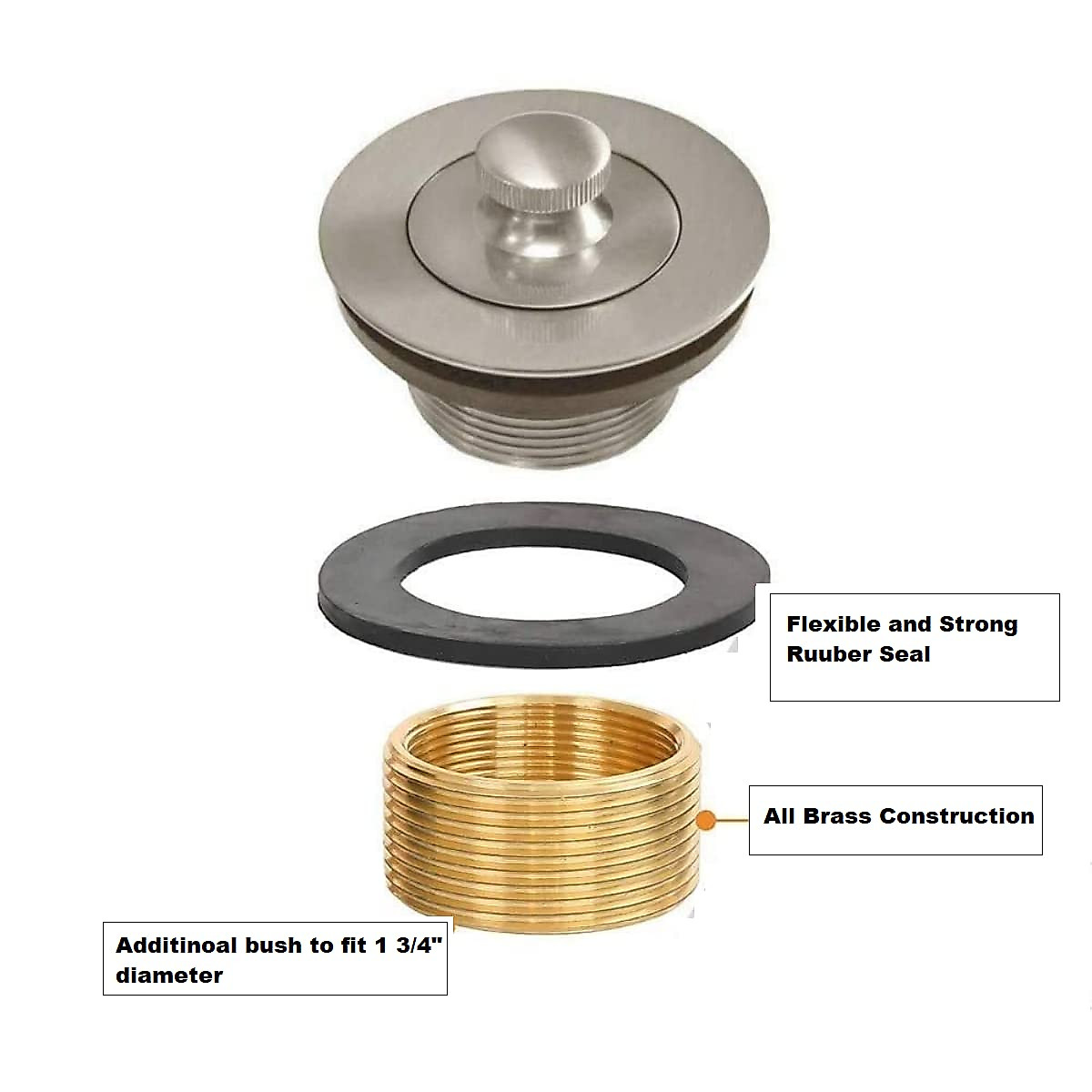 Lift & Turn Style Conversion Kit Bathtub Tub Drain Assembly, All Brass Construction (Brushed Nickel)