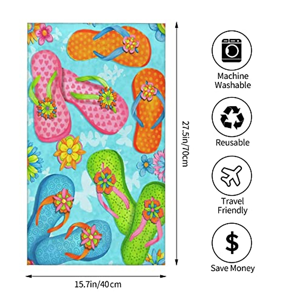 Summer Slippers Hand Towels for Bathroom,Turquoise Pink Orange Flip Flops Sunflower Flowers Towels 16"x28" Ultra Soft Absorbent Bathroom Hand Towel for Face,Gym,Tea,Teal Kitchen Dish Towel Set of 2