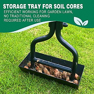 vanpein Lawn Aerator Coring Garden Tool with Soil Core Storage Tray, Manual Yard Plug Aerators & Clean Tool, Grass Aeration Gardening Tools with 3 Tines for Lawn Care, Compacted Soil, 37.6”