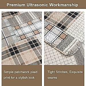 CHESITY King Size Quilt Set - Plaid & Stripe Bedding Sets, 3-Piece Brown Bedspread Sets, Reversible Lightweight, Grid Coverlet, Patchwork Soft Quilt for Bed (96" x 108")