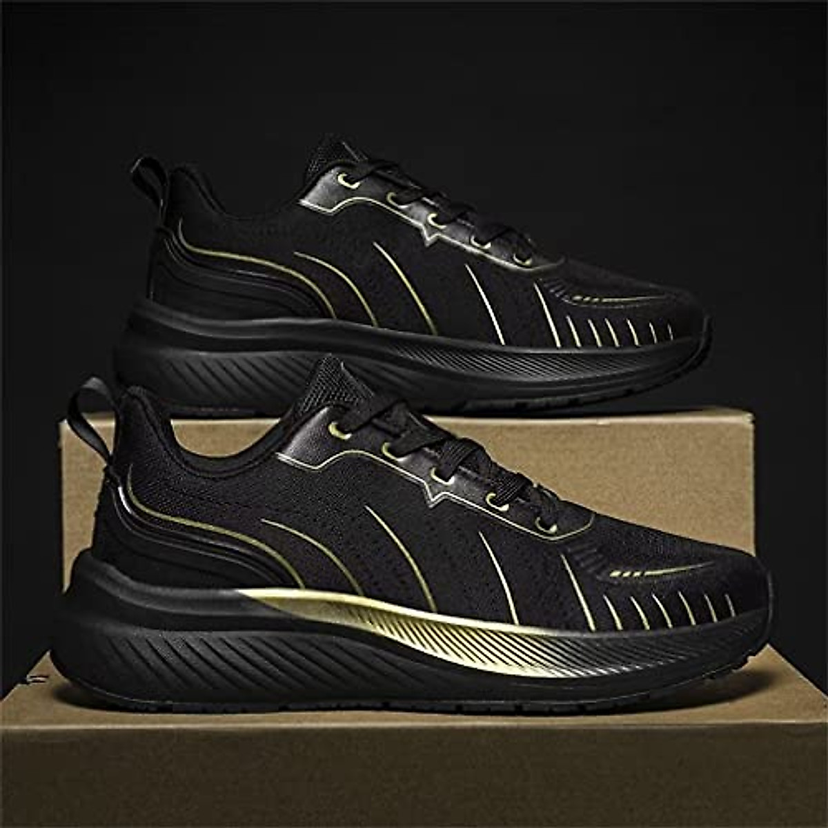 GSLMOLN Running Shoes for Women Non Slip Sneakers Comfortable Walking Shoes Lightweight Breathable Gym Workout Athletic Fashion Casual Black-Gold Size 7