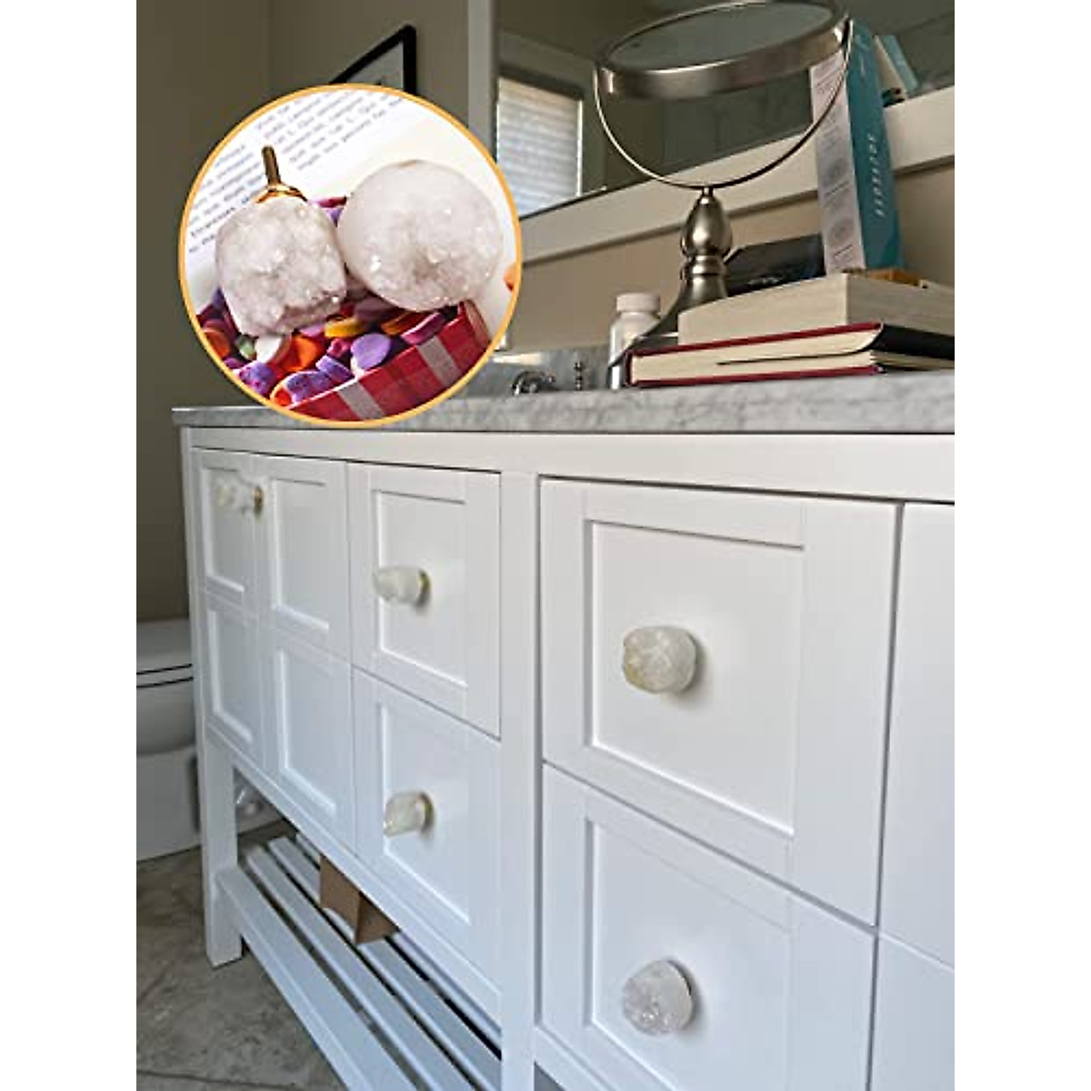 AMOYSTONE 2pcs Natural White Crystal Geode Knobs Unique Stone Handle Pulls Thread Brass Small for Door Drawer, Bedroom Cabinet