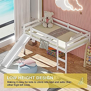 NAFORT Twin Loft Bed with Slide, Low Loft Bed with Stairs, Solid Wood Twin Loft Bed Frame for Girls Boys with Climbing Ladders Guard Rails and Slat Support - White