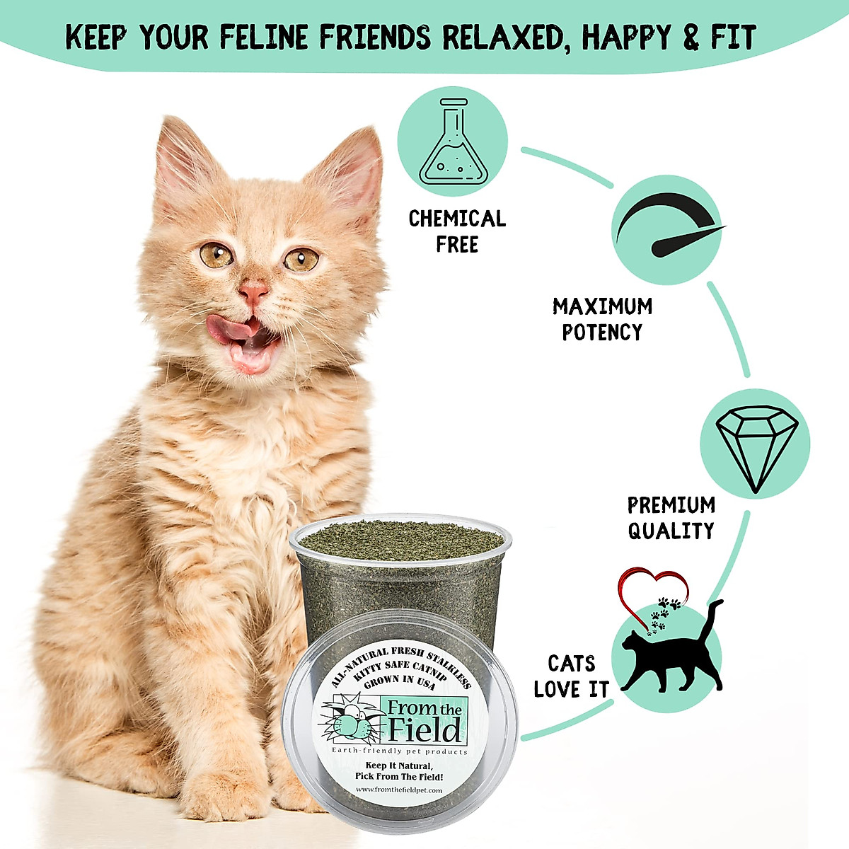 From the Field Catnip for Cats – All Natural Cat Nip, Finely Ground without Stalks or Stems, Resealable – Fresh, Potent and Grown in the USA Promotes Cat Exercise, Play and Engagement [Size Variation]