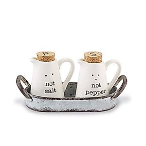 Mud Pie Farmhouse Inspired Ceramic Aluminum Salt and Pepper Caddy Set, One size, White