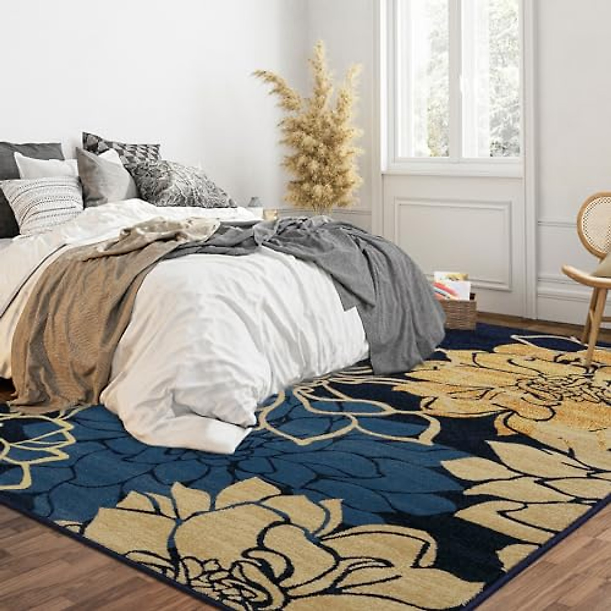 Zacoo Rugs for Living Room 8x10 Rug Modern Area Rug Floral Rug Bedroom Decor Floor Mats Ultra Soft Area Rug Large Non Slip Non Shedding Office Rug Aesthetic Rug for Nursery, Black/Navy/Gold 8'x10'