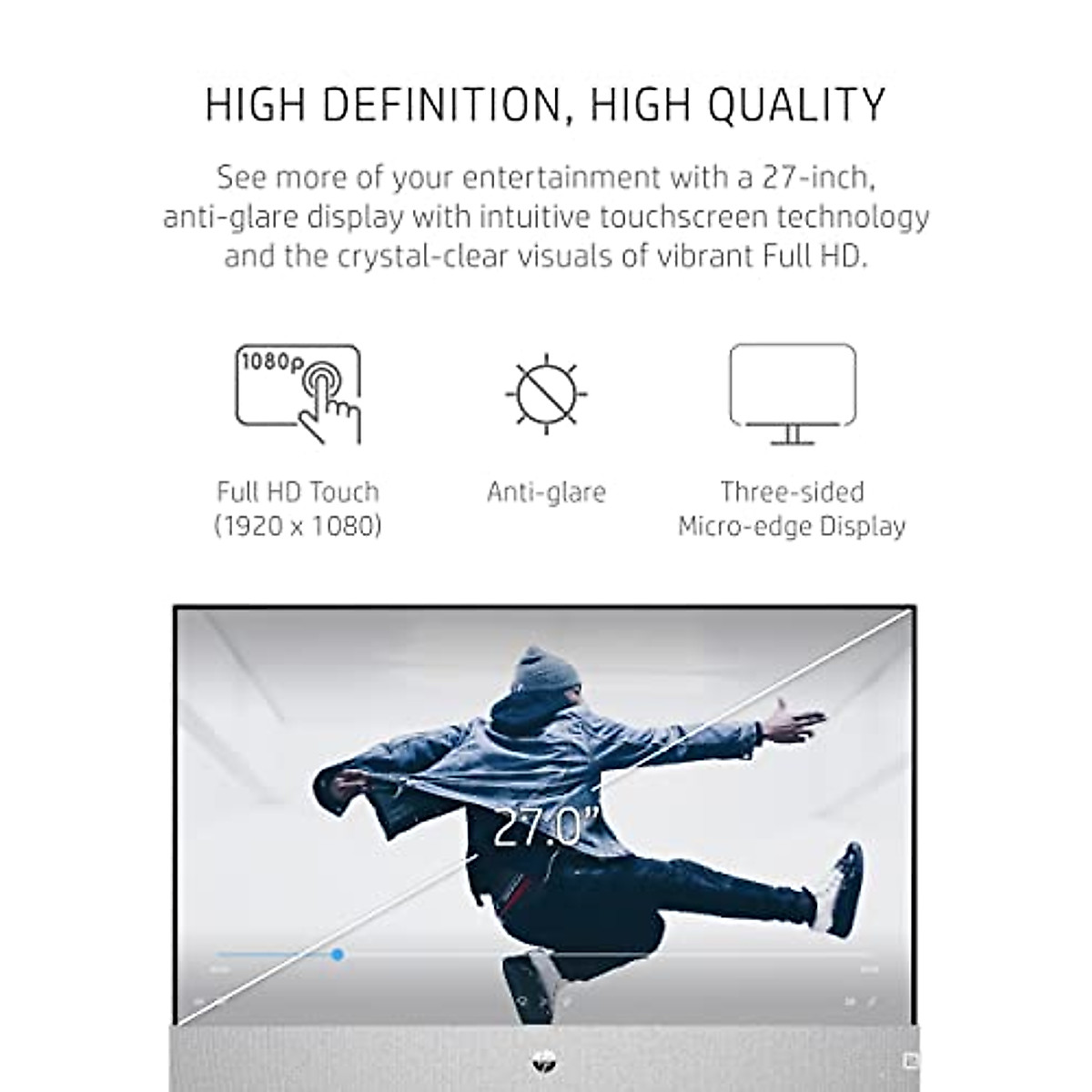 HP Pavilion 27” All-in-One Desktop, AMD Ryzen 7 5700U, 16 GB RAM, 256 GB SSD & 1 TB Hard Drive, Full HD Touchscreen, Windows 11 Home, 5 USB Ports, 5MP Pop-up Camera, Keyboard & Mouse (27-ca0070, 2021)