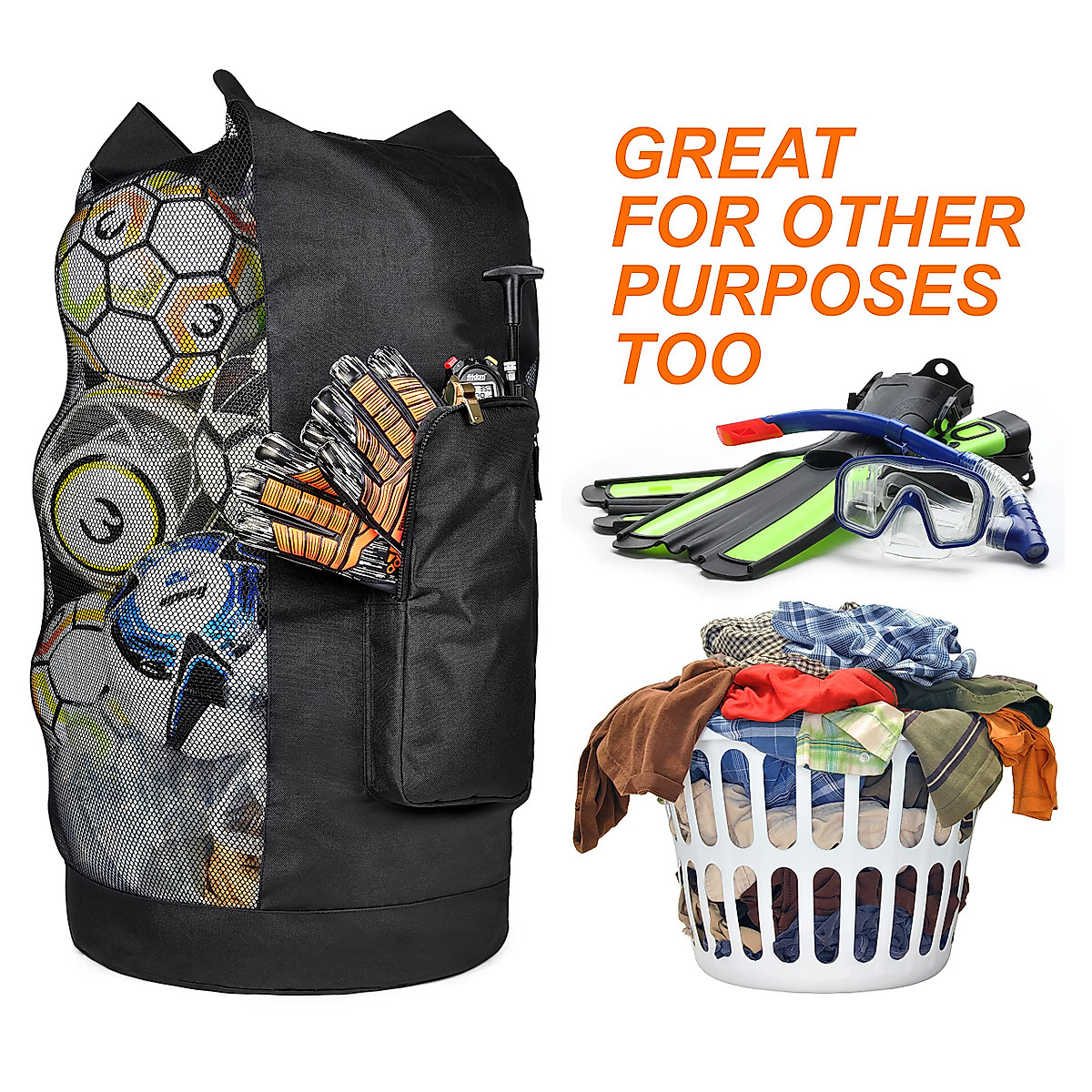 Fitdom Heavy Duty XL Soccer Mesh Equipment Ball Bag w/Adjustable Shoulder Strap Design for Coach. with an Over-Sized Front Pocket for Sporting Accessories. Best for All Outdoor & Water Gears