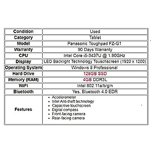 Panasonic Toughpad FZ-G1 Rugged Tablet Win 10 PRO Intel Core i5 3437U 1.90GHz vPro 10.1 Inch WUX G1AABGCLM