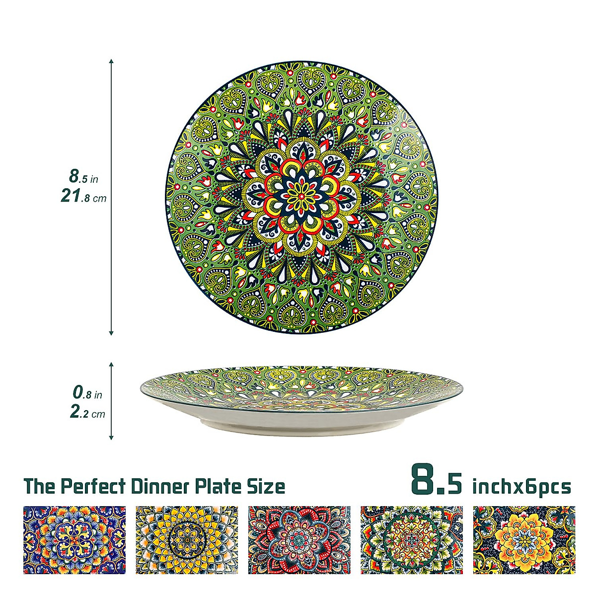 LECOOICS Ceramic Dinner Plates Set of 6, 8.5 Inch, Microwave/Oven/Dishwasher Safe, Scratch Resistant, Bohemian Style Dinnerware for Salad, Pasta, Dessert,Steak, Appetizers