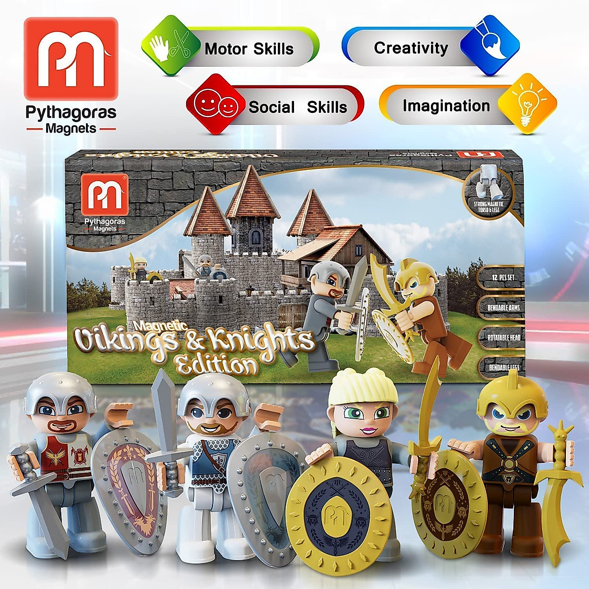 Pythagoras Magnetics Magnetic Figures Set with Knights and Vikings, Interactive Early Learning STEM Toys for Boys and Girls, Action Figures for Building Blocks and Tiles, Fun 12 pc. Add-On Kit