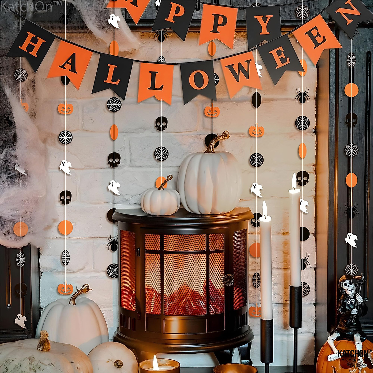 KatchOn, Orange and Black Halloween Garland - 6.5 Feet, 8 String | Halloween Pumpkin Garland, Halloween Decorations | Skull Garland Halloween | Halloween Hanging Garland, Halloween Party Decorations