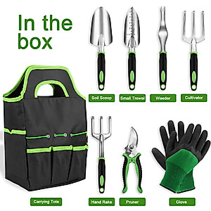 Garden Tool Set with Non Slip Rubber Grip,8 Piece Stainless Steel Gardening Tool Sets,Heavy Duty Outdoor Hand Tools Durable Storage Tote Bag,Uprooting Weeding Tool, Gifts for Women Men Green