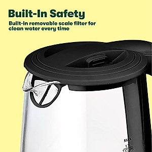 BELLA 1.7 Liter Glass Electric Kettle, Quickly Boil 7 Cups of Water in 6-7 Minutes, Soft Green LED Lights Illuminate While Boiling, Cordless Portable Water Heater, Carefree Auto Shut-Off, Black