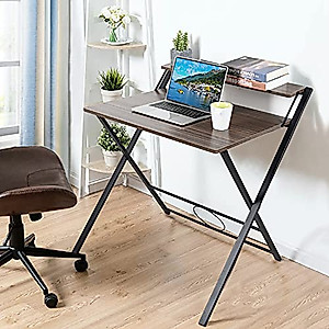 FurnitureR 31.9'' Folding Desk 2 Tier Foldable Desk No Assembly Computer Desk Saves Space for Home Office Study, Metal Frames/Wood Top Laptop Table, Rustic Brown