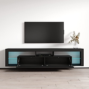 MEBLE FURNITURE & RUGS Milano 200 Floating TV Stand for TVs up to 90", Modern High Gloss 79" Entertainment Center, Wall Mounted TV Media Console with Storage Cabinets and LED Lights