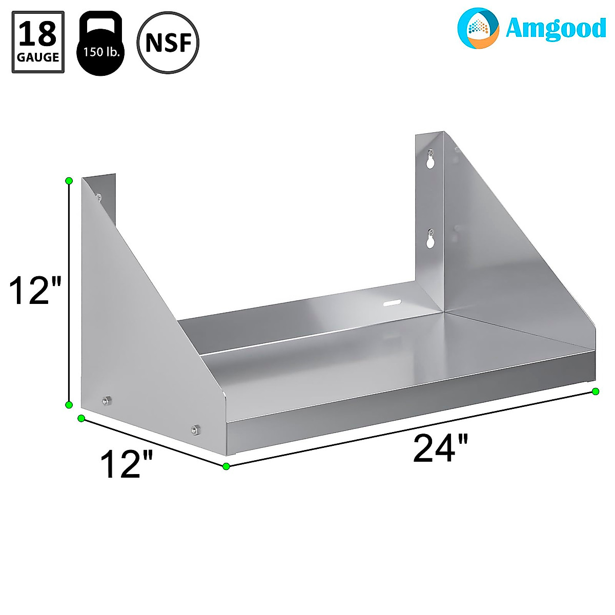 AmGood Stainless Steel Wall Shelf with Side Guards (24" Long x 12" Deep)