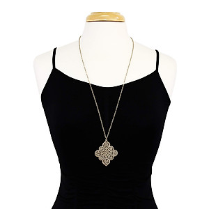 POMINA Gold Silver Geometric Filigree Pendent Long Necklace Casual Sweater Gold Chain Necklaces for women (Worn Gold)