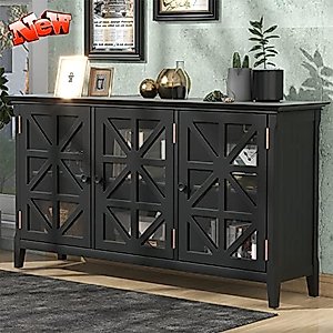 PRIARI Upgraded Version & Stronger Console Table Kitchen Buffet Sideboard with 3 Doors and Shelves, Thickened Enhanced Solid Wood Storage Cabinet for Entryway Dining Room (Faster Assembly) (Black)