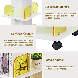 VECELO Rotating Bookshelf with Brake Wheels, 360°Display 4 Tier Floor Stackable Spinning-Bookshelf Tower for Kids&Adults, Revolving Bookcase for Small Space,Corner(White)