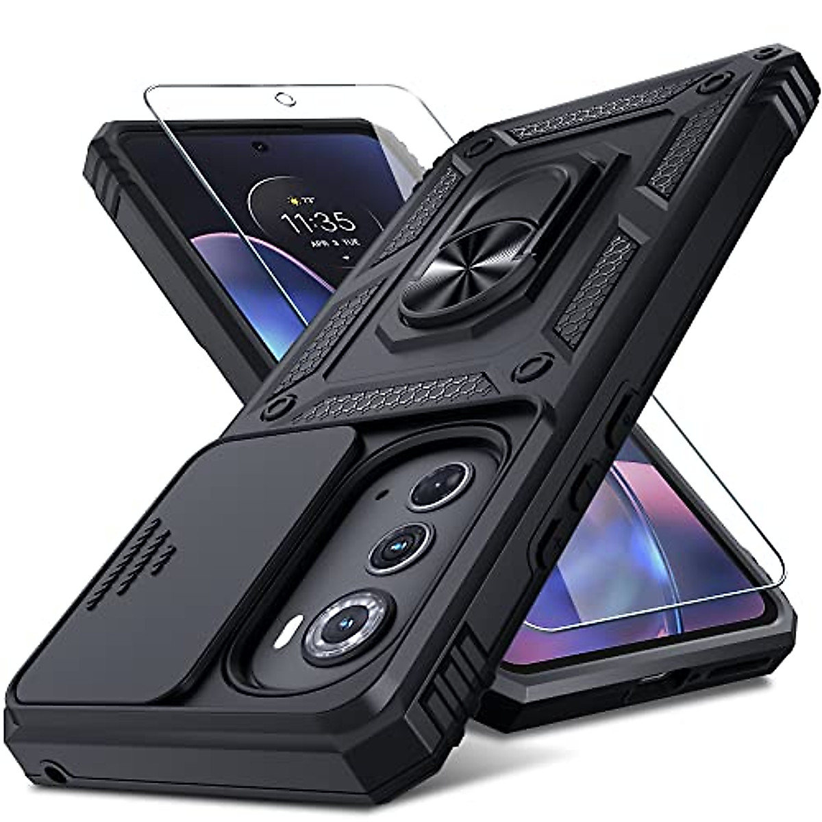 Motorola Moto Edge 2022 Case Built in Slide Camera Cover and Screen Protector [Not for Edge Plus],Heavy Duty Shockproof Full Body Phone Cover,Built in Finger Ring Stable Holder Kickstand,2022 Black