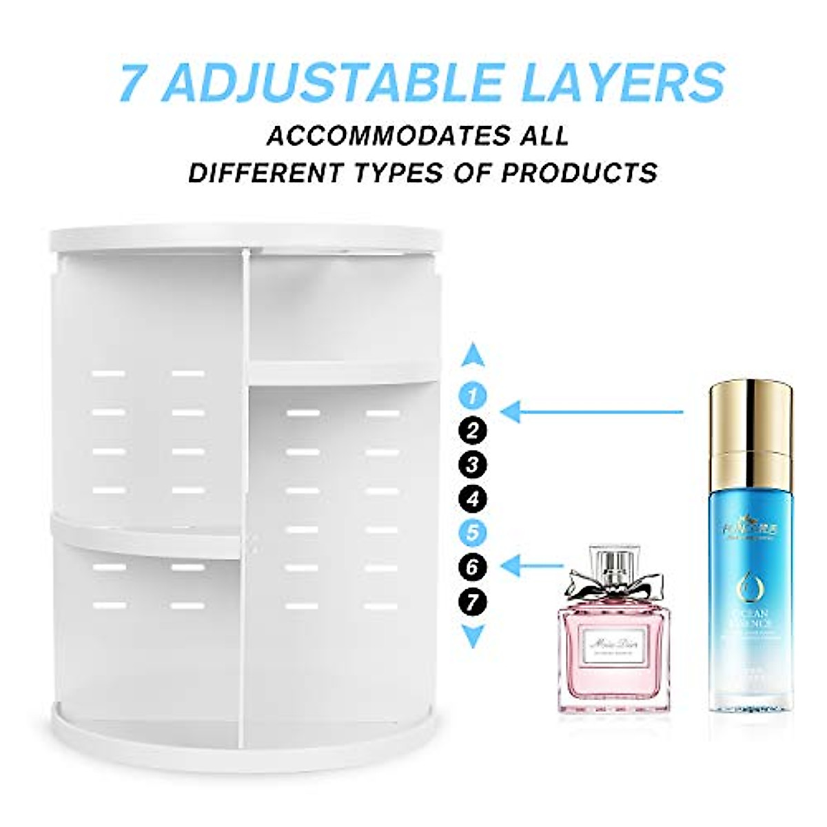 sanipoe 360 Makeup Organizer, DIY Detachable Spinning Cosmetic Makeup Caddy Storage DIsplay Bag Case Large Capacity Makeup Box Acrylic Vanity Organizer Box, Great for Countertop and Bathroom, White
