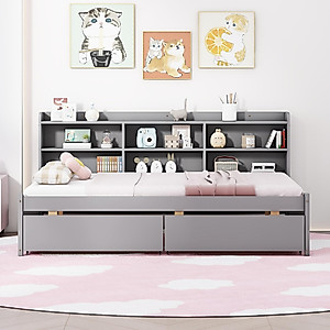 Harper & Bright Designs Full Captains Bed with Bookcase and Two Drawers, Wooden Full Size Daybed Frame with Storage,Space Saving Full Bed Frame for Girls Boys (Grey,Full)