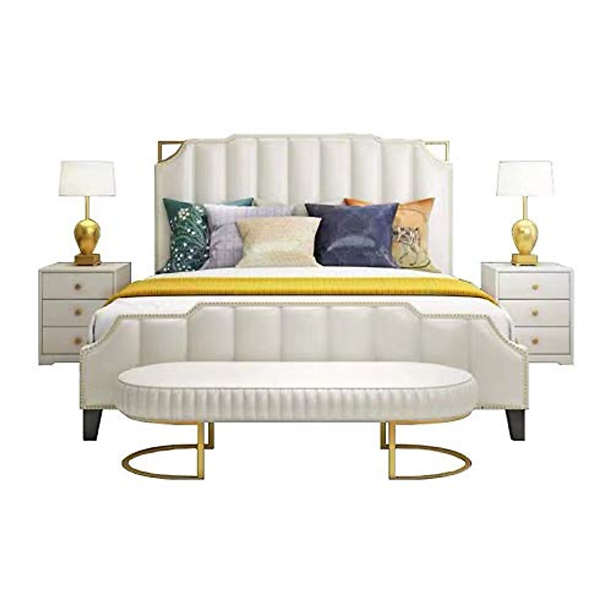 LeiJinNuo Queen Platform Bed Frame Upholstered Full Size Platform Bed Frame with Fabric Upholstered Square Stitched Headboard and Wooden Slats/Mattress Foundation/No Box Spring Needed/Easy Assembly