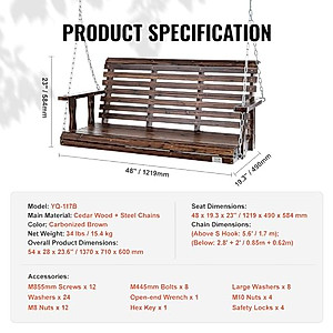 VEVOR Wooden Porch Swing 4.5 ft, Patio Bench Swing for Courtyard & Garden, Upgraded 880 lbs Strong Load Capacity, Heavy Duty Swing Chair Bench with Hanging Chains for Outdoors, Carbonized Brown