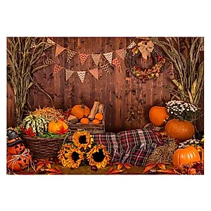 Funnytree 7x5ft Fall Thanksgiving Photography Backdrop Rustic Wooden Floor Barn Harvest Background Autumn Pumpkins Maple Leaves Sunflower Baby Portrait Party Decoration Photo Studio Booth Props