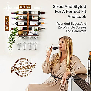 HELYA DESIGN Wine Rack Wall Mounted with Shelf for 8 Wine Bottles & Glasses - Wood Rustic Wine Glass Floating Rack with Stemware Hanger. Wine Decor and Storage Holder for Kitchen, Living Room & Bar