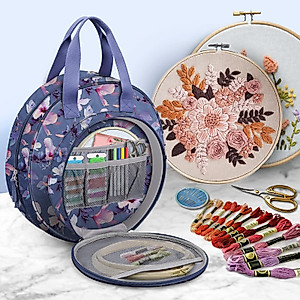 FINPAC Embroidery Project Bag, Embroidery Supplies Storage Carrying Tote Case with Multiple Pockets for Embroidery Floss, Embroidery Hoops, Thread, Stitch Tools Kit [Bag Only] - Blooming Hibiscus
