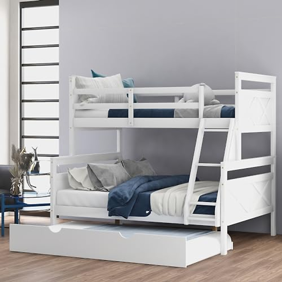 DEYOBED Twin Over Full Bunk Bed with Twin Size Trundle, Wooden Bed Frame with Ladder and Safety Guardrail for Kids Boy Girls, Can Convertible into 2 Separated Beds, White