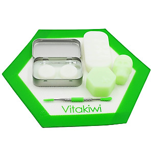 vitakiwi Silicone Wax Container 5ml 26ml 15ml Skull 34ml Multi Compartment Containers + Large Hexagon Mat + Carving Tool + Tin Caryying Box, Glow In The Dark (Green)