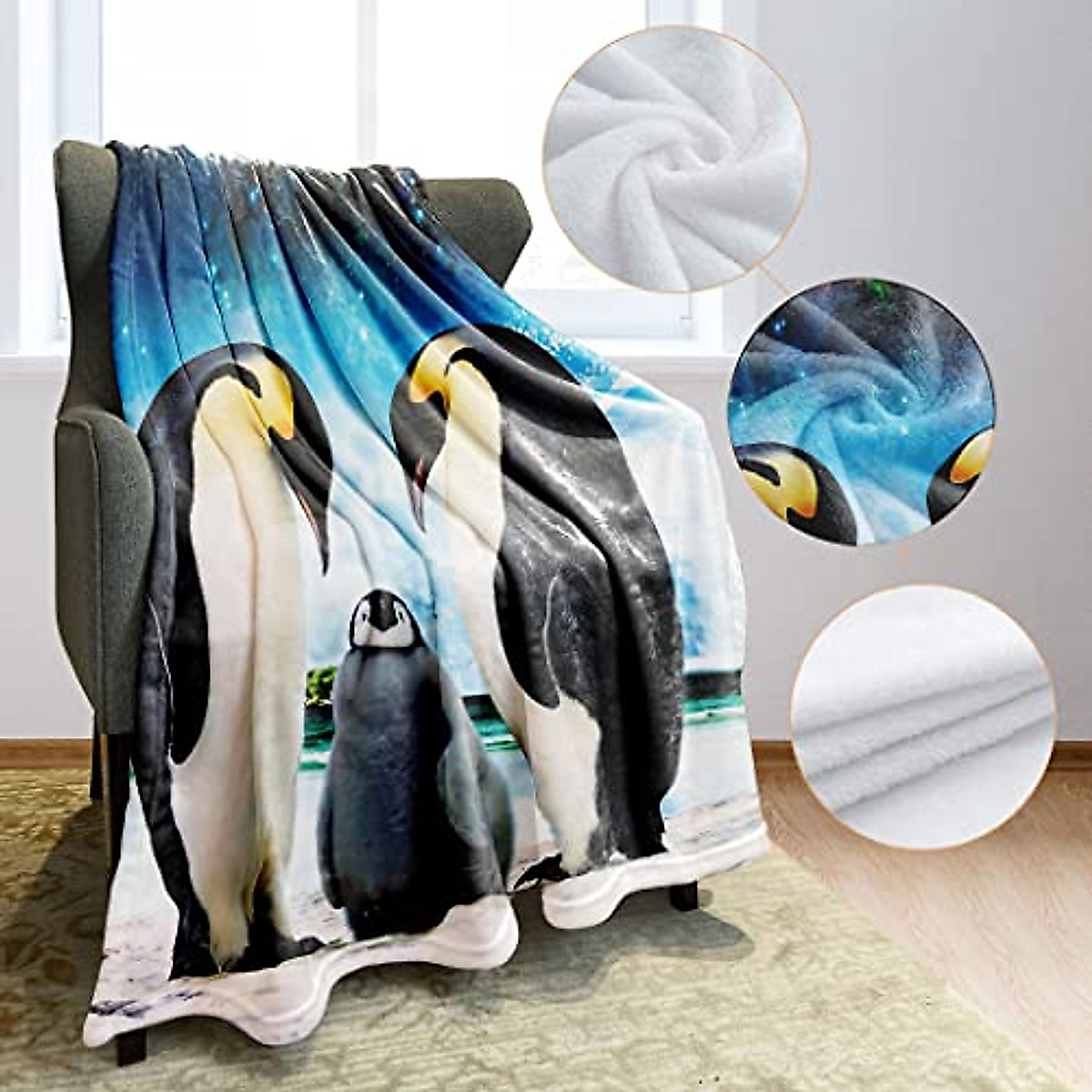HommomH 60"x80" Blanket Soft Fluffy Flannel Fleece Throw Blue Sky Penguin