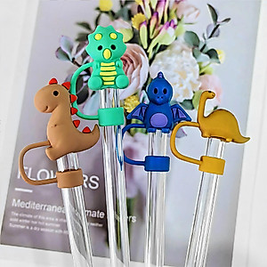 4 Pack Dinosaur Straw Cover Cap for Stanley Cup 30&40 Oz Tumblers, 0.4in/10mm Silicone Straw Topper Protector Lid with Cute Dinosaurs Kids Cup Accessories
