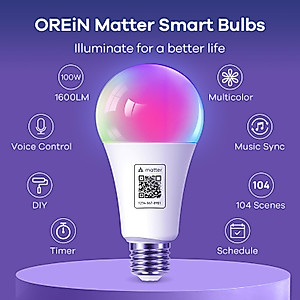 OREiN Matter Smart Light Bulb, 1600 Lumens 100W Equivalent Smart Light Bulbs, Color Changing Light Bulbs Work with Apple Home, Alexa, Google Home, SmartThings, A21 Smart Bulbs 2.4Ghz WiFi, 2Pack